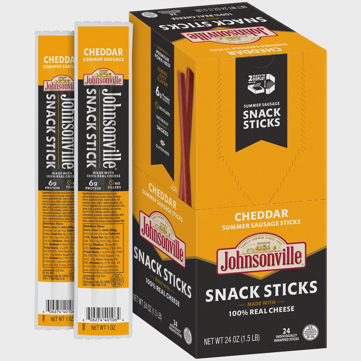 Box of 24/1oz Cheddar Summer Sausage Sticks – Johnsonville Marketplace